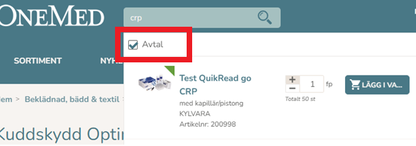 Exempel på ruta för sökning inom avtalsprodukter